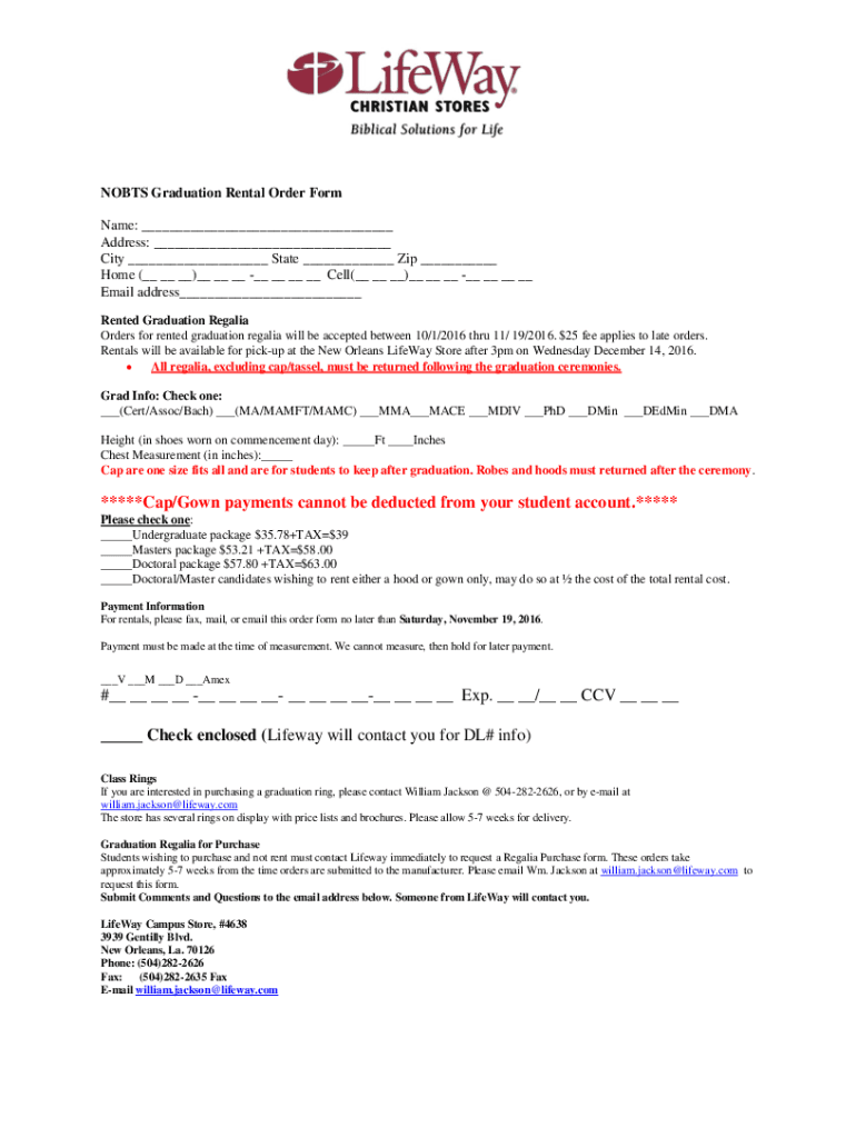 Fillable Online NOBTS Graduation Rental Order Form Name Fax Email Print ...