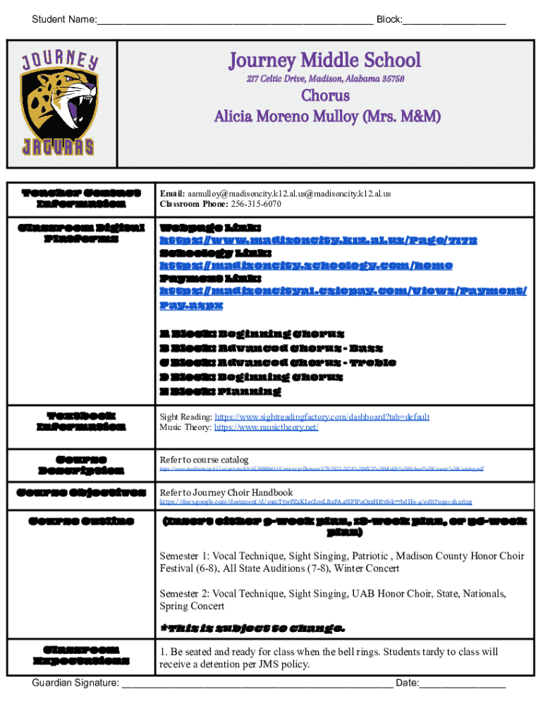 Fillable Online Mulloy JMS Choir Syllabus and Acknowledgement Form ...