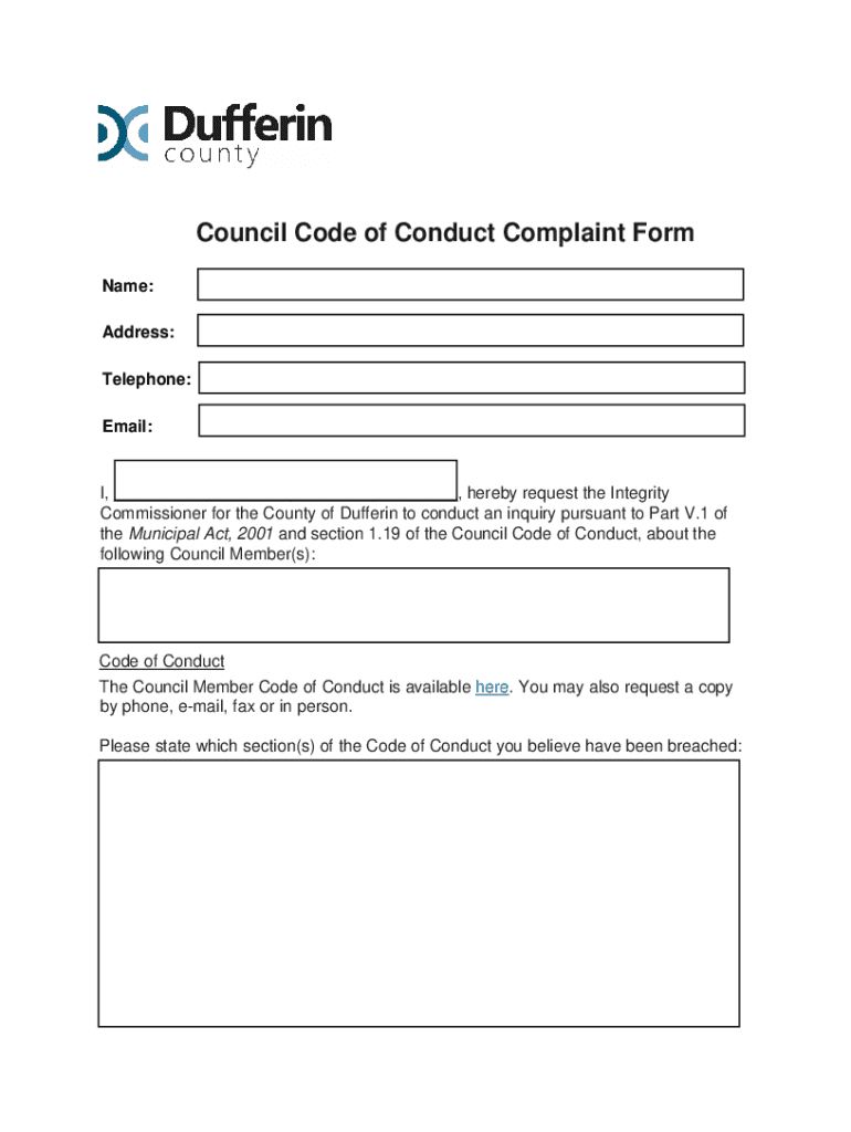 Fillable Online Council Code of Conduct Complaint Form Fax Email Print ...