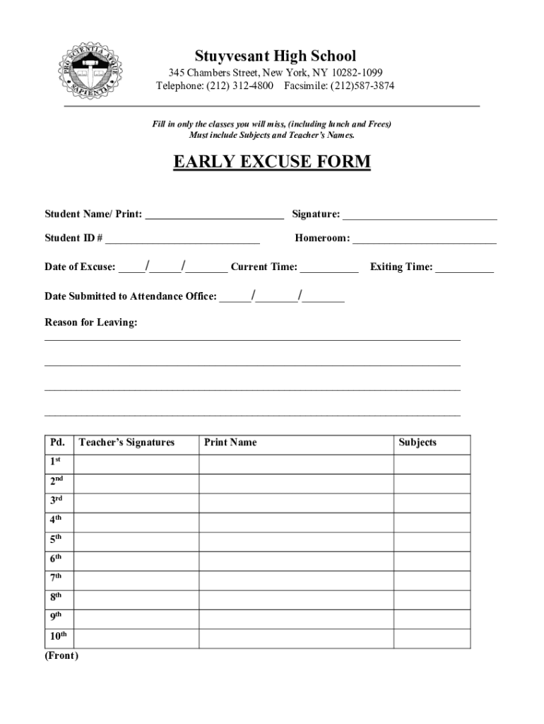 Fillable Online EARLY EXCUSE FORM Fax Email Print - pdfFiller