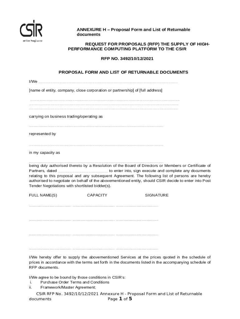 Annexure H - RFP and Returnable documents. ... Doc Template | pdfFiller