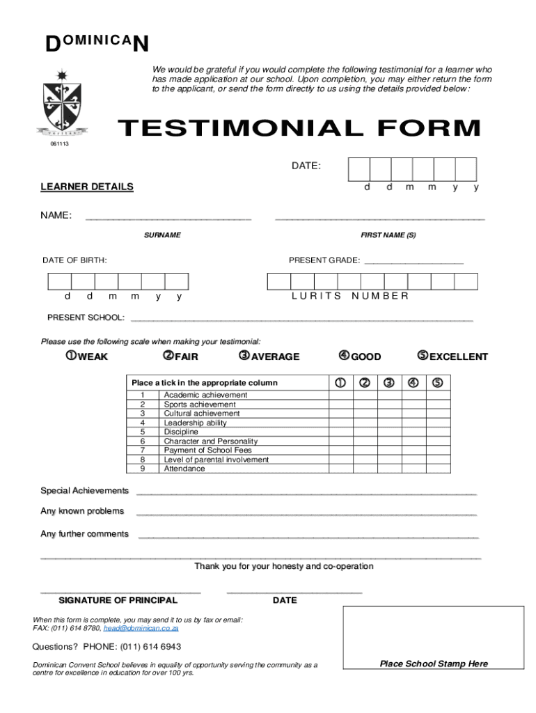 Fillable Online TESTIMONIAL FORM Fax Email Print - pdfFiller
