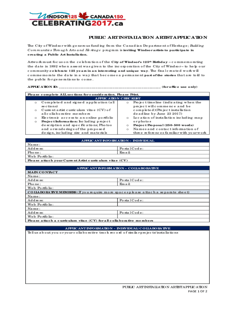 Fillable Online PUBLIC ART INSTALLATION ARTIST APPLICATION Fax Email ...