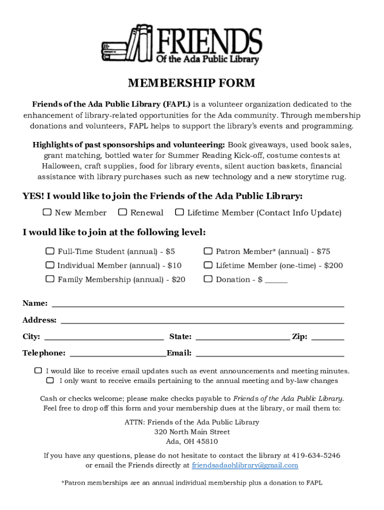 Fillable Online MEMBERSHIP FORM - Ada Public Library Fax Email Print ...