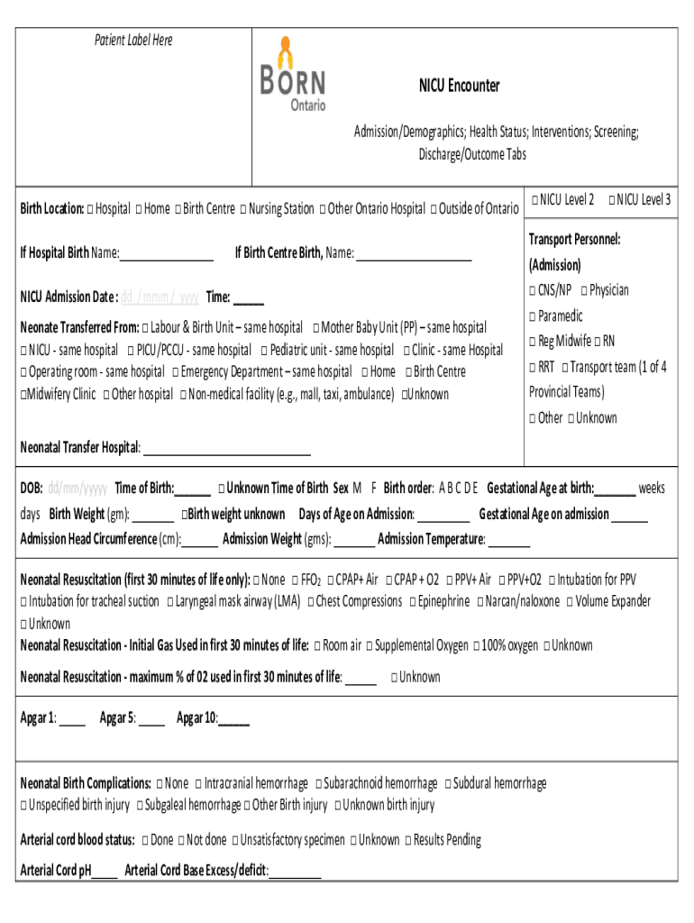 Fillable Online NICU Encounter Admission/Demographics; Health Status ...