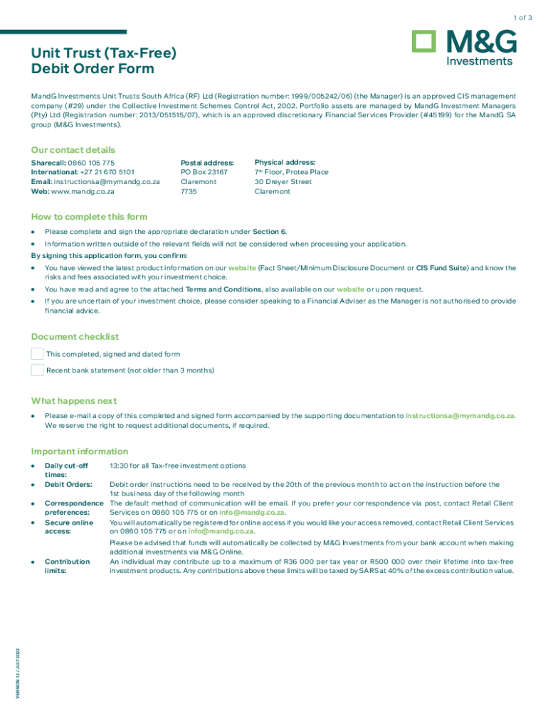 Fillable Online Unit Trust (Tax-Free) Debit Order Form - M&G Investments Fax Email Print - pdfFiller
