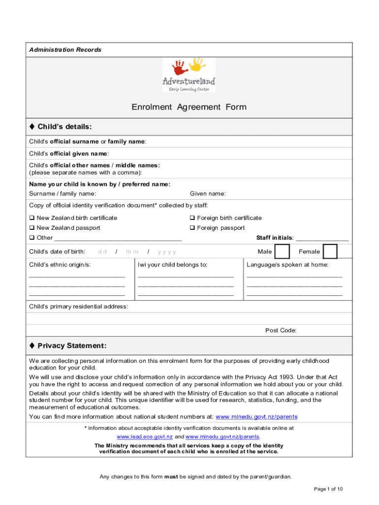 Fillable Online Adventrureland Early learning Centre - Enrolment Form ...