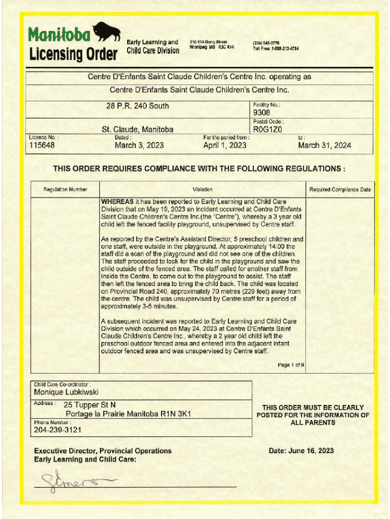 Fillable Online gov mb Licensing Order - Centre D'Enfants Saint Claude ...