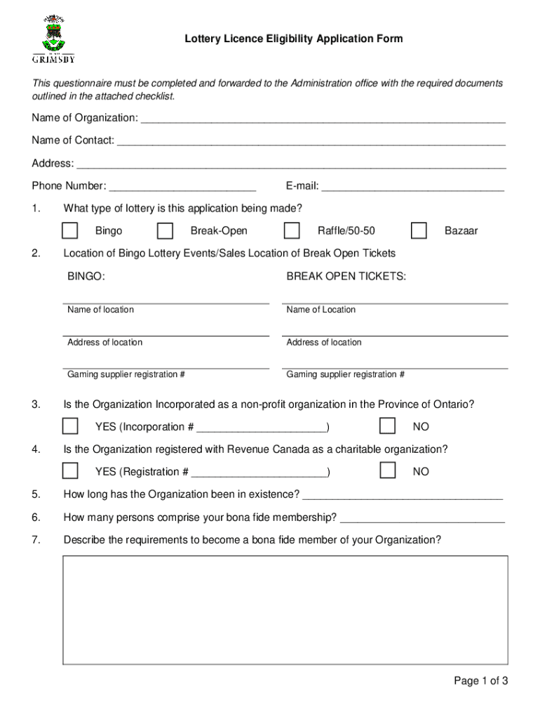 Fillable Online Lottery Licence Eligibility Application Form Page 1 of ...