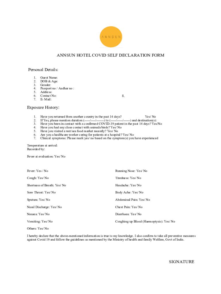 Fillable Online Guest Self Declaration Form COVID 19 Form Template Fax ...