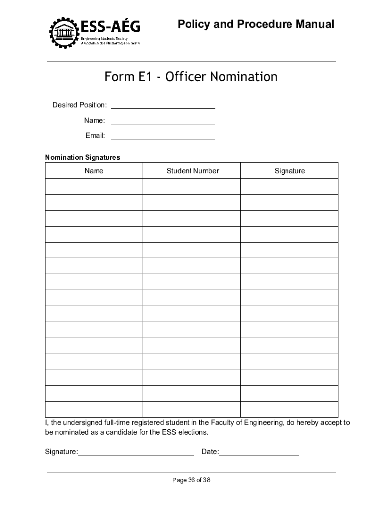Fillable Online Officer Nomination - Form E1 Fax Email Print - pdfFiller
