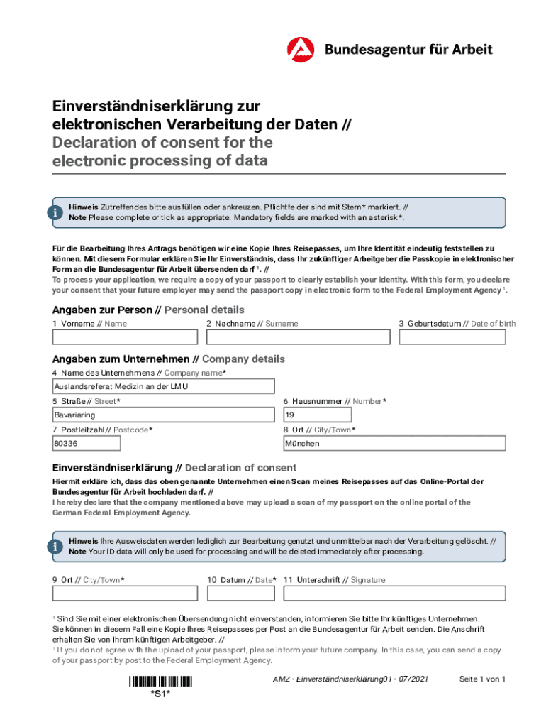 Ausfüllbar Online Declaration of consent for the electronic processing ...