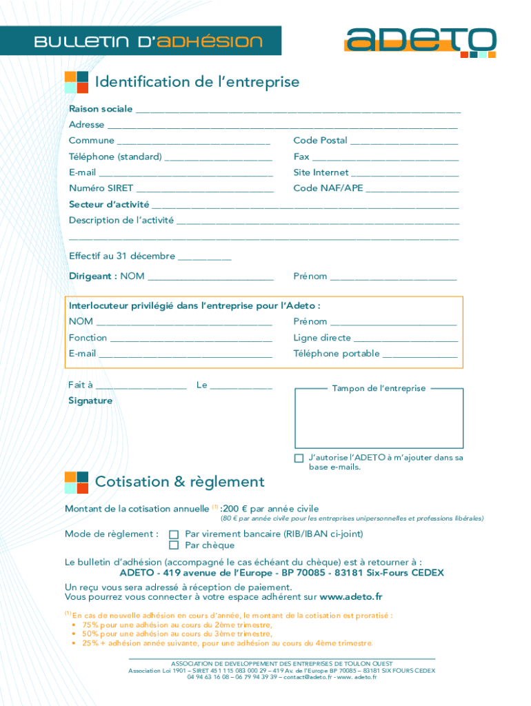 Remplissable En Ligne Identification de l'entreprise bulletin d'adhsion Cotisation ... Fax Email ...