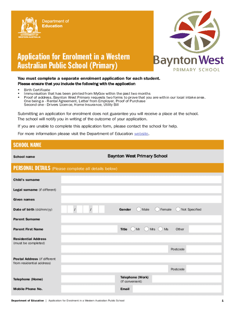 Fillable Online bwps wa edu Application for Enrolment in a Western ...