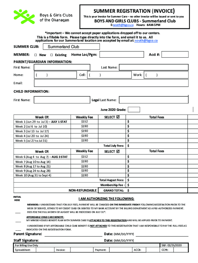 Fillable Online BOYS AND GIRLS CLUBS - Summerland Club Fax Email Print ...