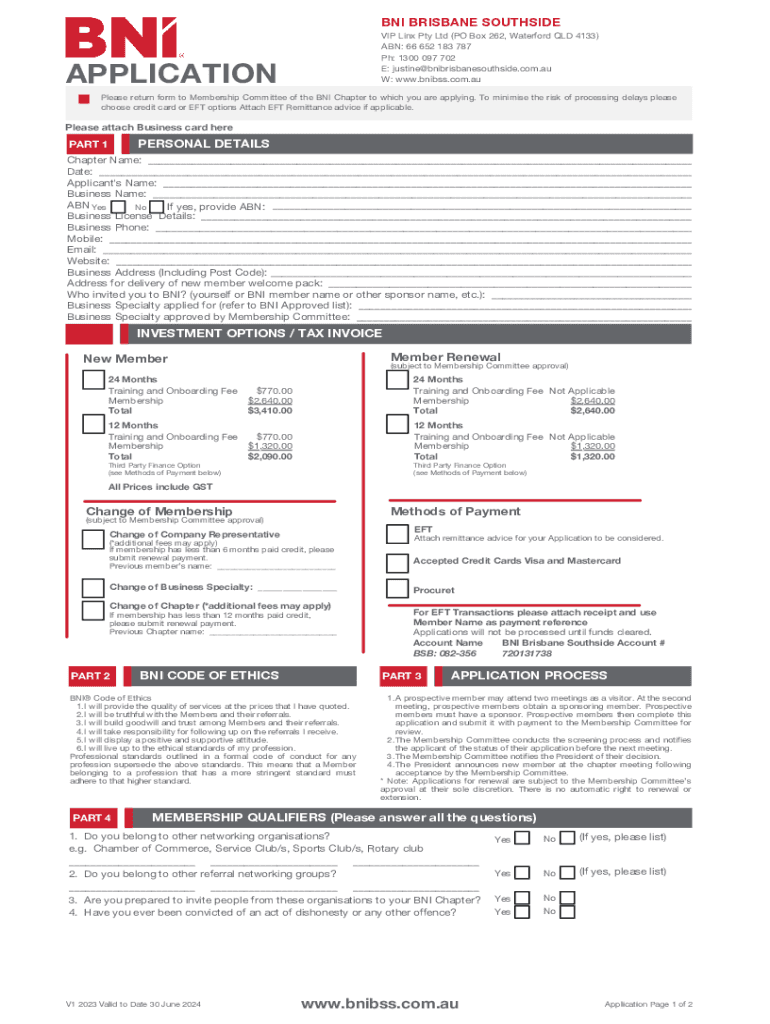 Fillable Online BNI QLD - Brisbane Southside Application Fillable ...