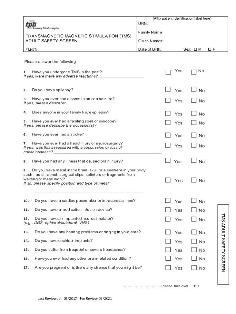 Fillable Online Transcranial Magnetic Stimulation (TMS) in the ...