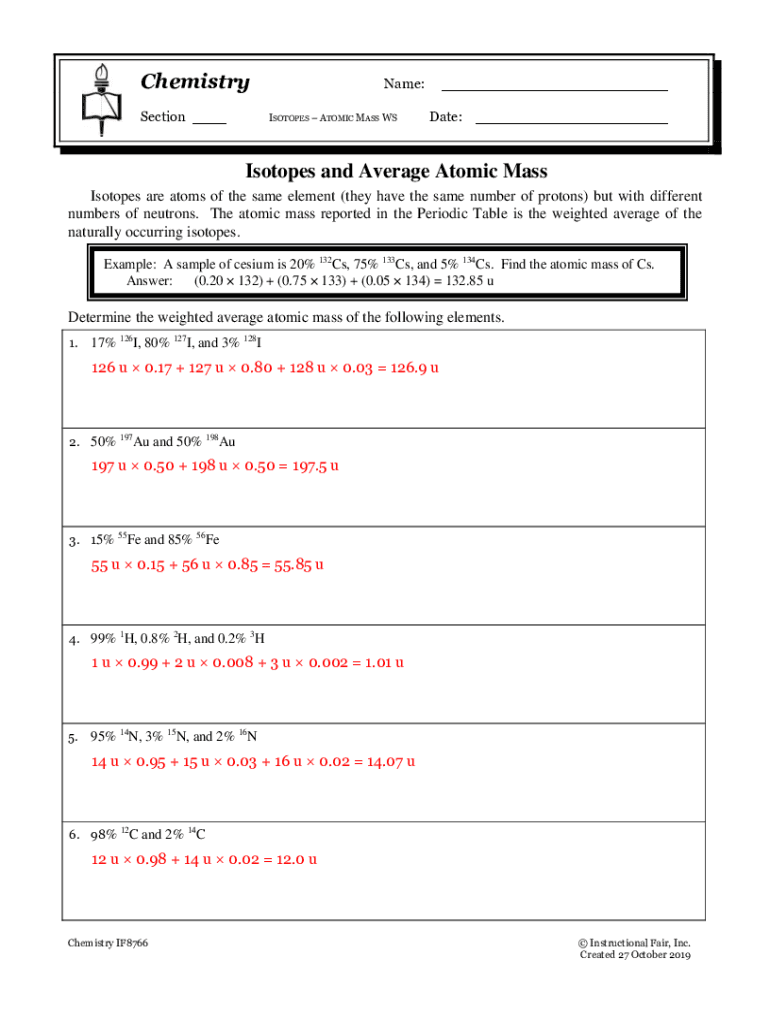 Fillable Online Isotopes Average Atomic Mass. Chemistry Regents Fax ...