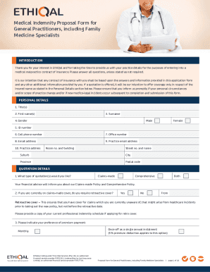 Fillable Online ethiqal co Medical Indemnity Proposal Form for General ...