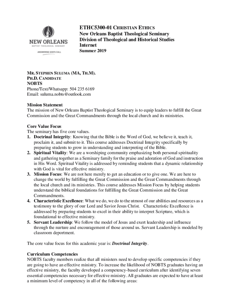 Fillable Online ETHC5300 CHRISTIAN ETHICS (ERLC ACADEMY Fax Email Print ...