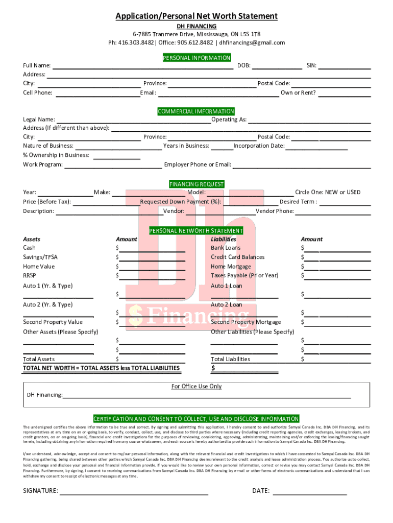 Fillable Online Application/Personal Net Worth Statement - Dh Financing ...