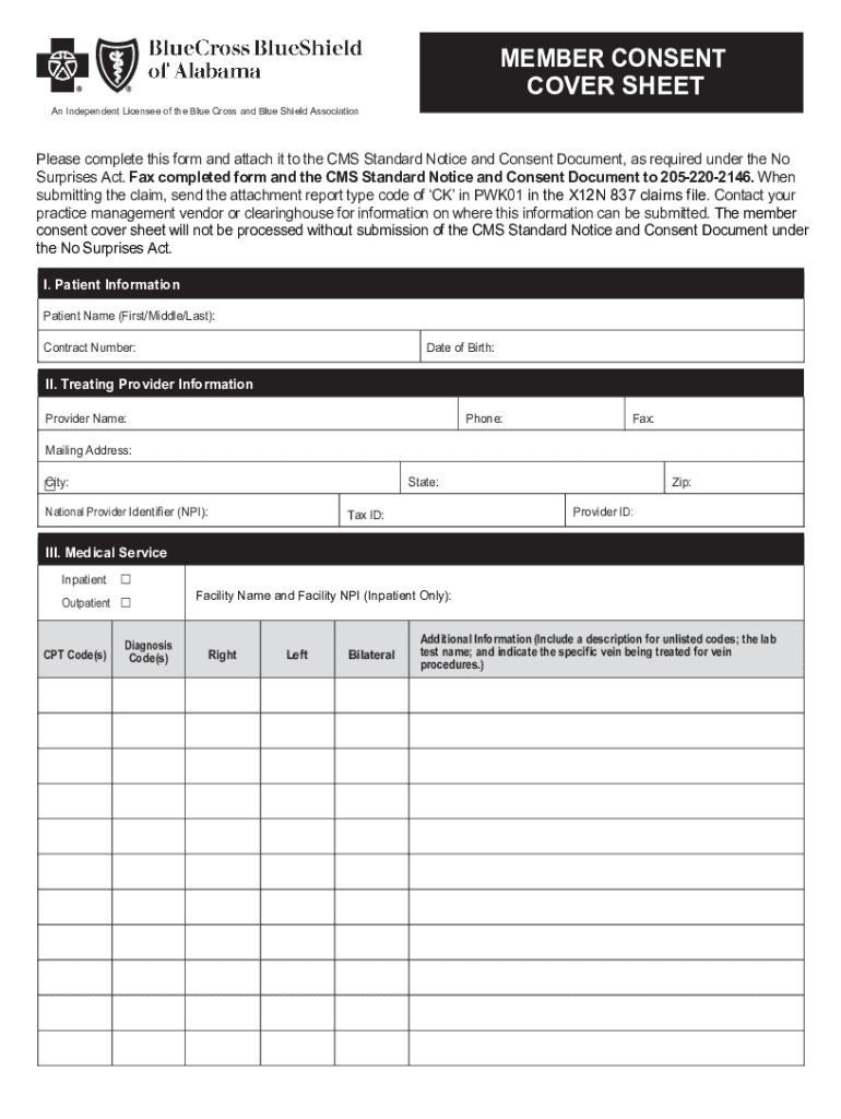 Fillable Online providers bcbsal Member Consent Cover Sheet Fax Email Print - pdfFiller