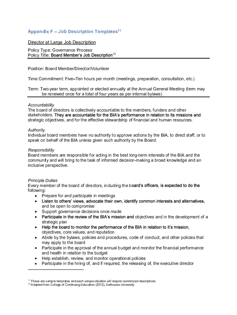 Fillable Online Appendix F Job Description Templates Director at Large ...