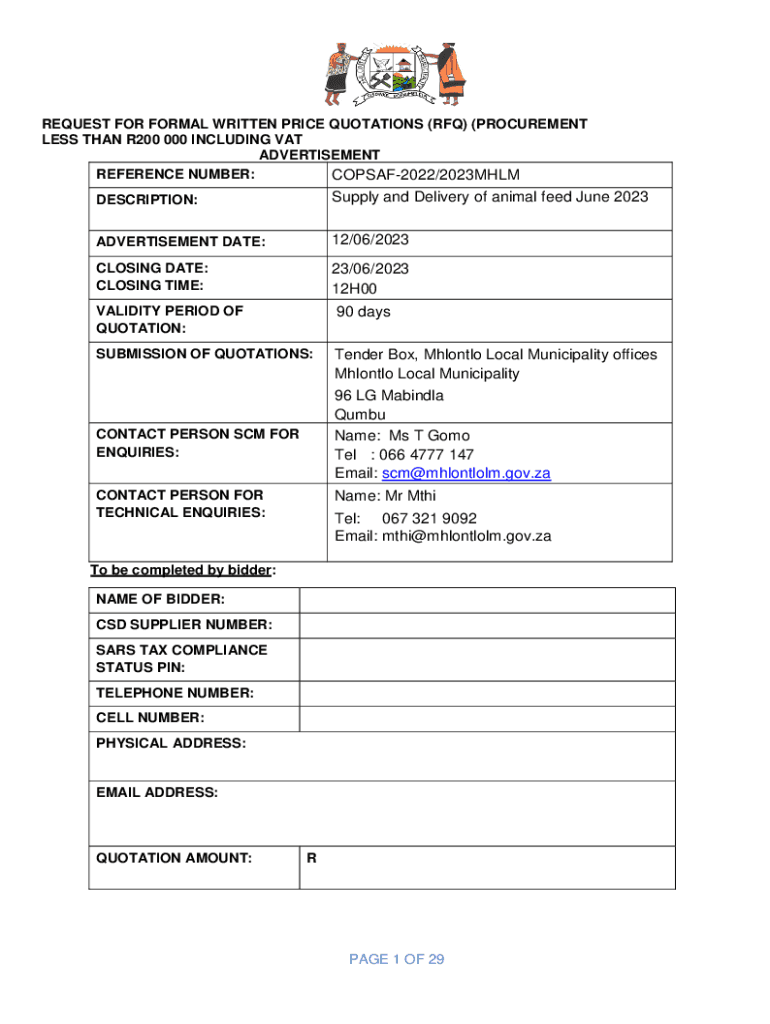 Fillable Online REQUEST FOR FORMAL WRITTEN PRICE QUOTATIONS (RFQ ...