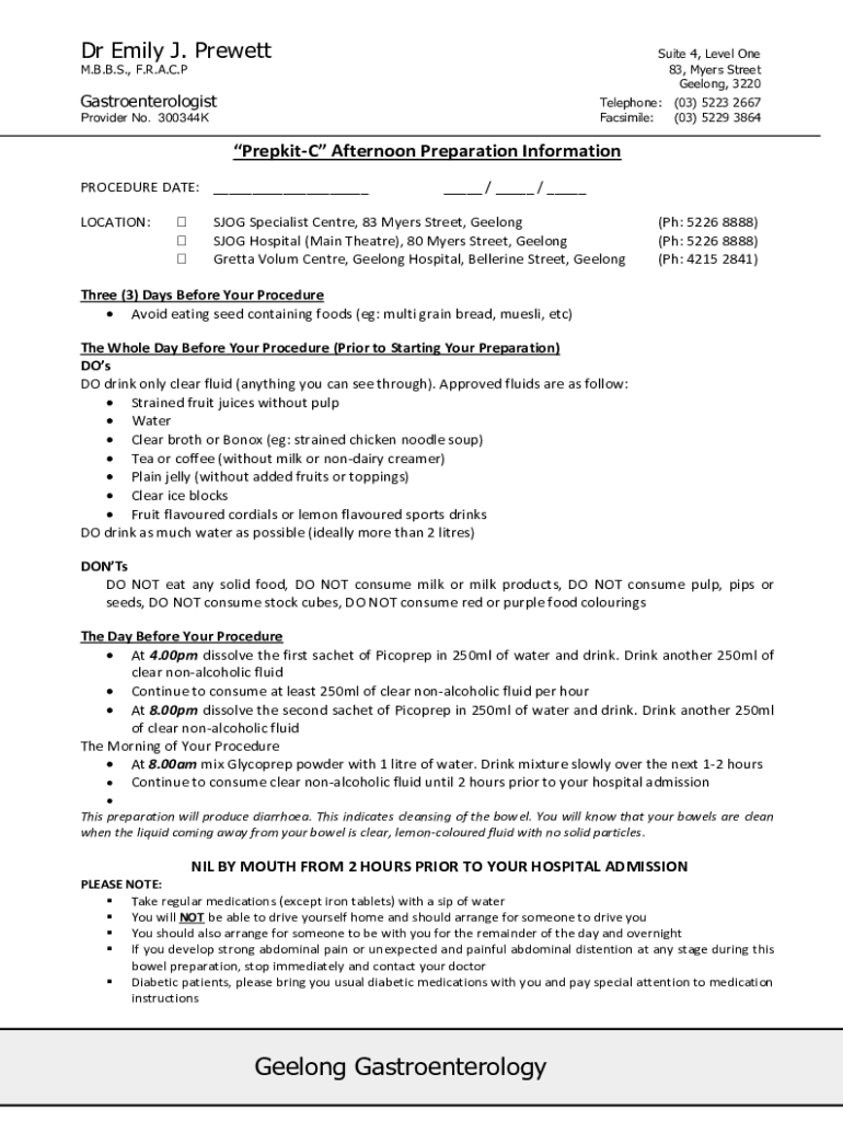 Fillable Online Instructions for Morning Colonoscopy with Prep Kit-C ...