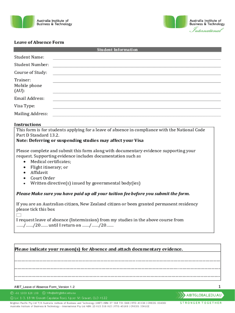 Fillable Online aibtglobal edu 1 Leave of Absence Form Student Name Fax ...