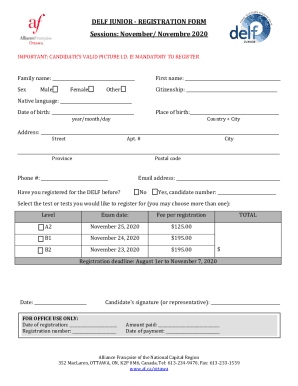 Fillable Online DELF JUNIOR - REGISTRATION FORM Sessions: November Fax ...
