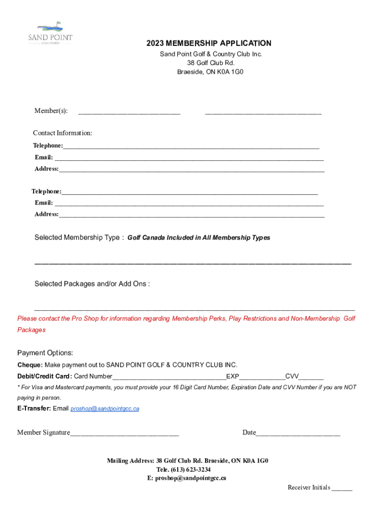 Fillable Online Sand Point Country Club Membership Initiation Fees and ...