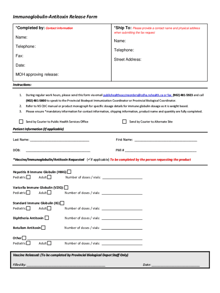 Fillable Online Immunoglobulin-Antitoxin Release Form Fax Email Print ...