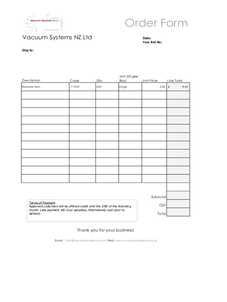 Fillable Online Order Form - Vacuum Systems Fax Email Print - pdfFiller