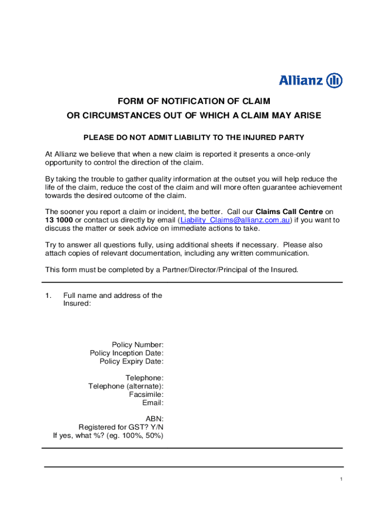 Fillable Online FORM OF NOTIFICATION OF CLAIM OR CIRCUMSTANCES ... Fax ...