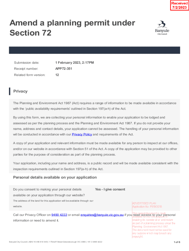 Fillable Online Amend an existing planning permit (Secondary Consent ...