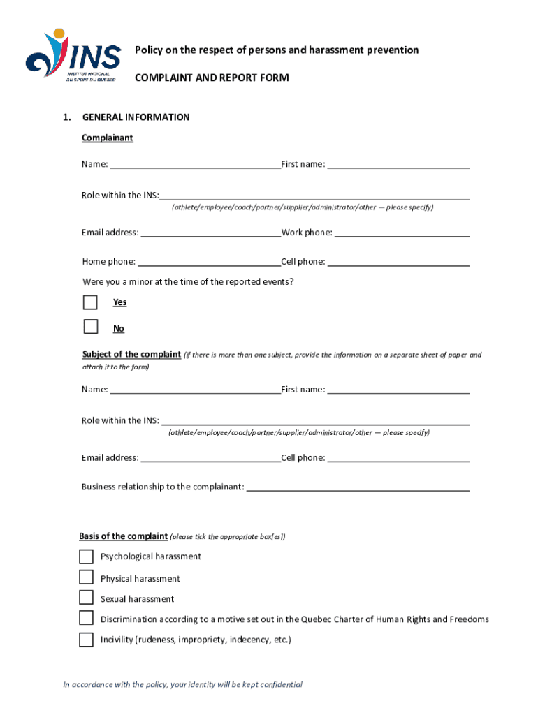 Fillable Online COMPLAINT AND REPORT FORM Fax Email Print - pdfFiller