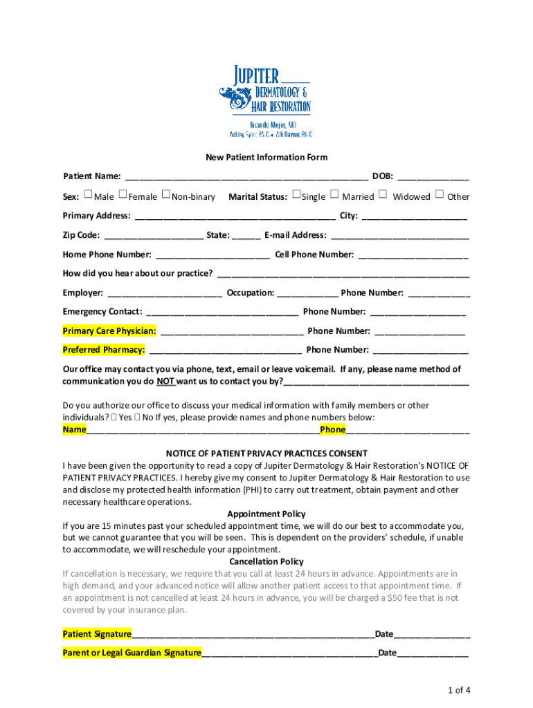 Fillable Online 1 of 4 New Patient Information Form Patient Name: DOB ...