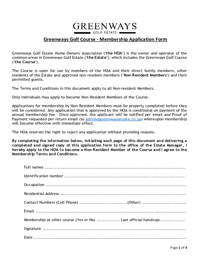 Fillable Online Greenways Golf Course - Membership Application Form Fax ...