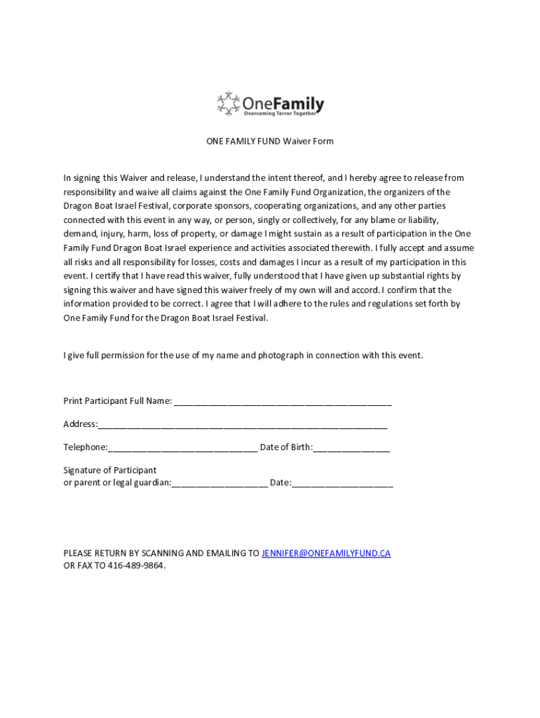 Fillable Online ONE FAMILY FUND Waiver Form Fax Email Print - pdfFiller