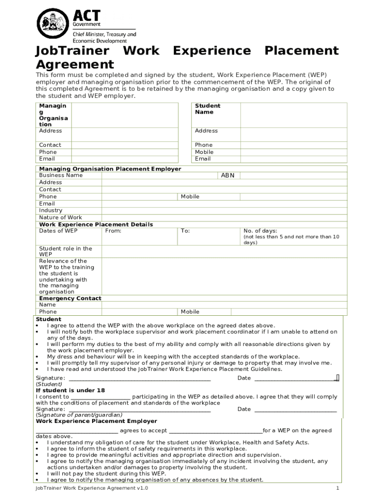 JobTrainer Work Experience Placement Agreement Doc Template | pdfFiller