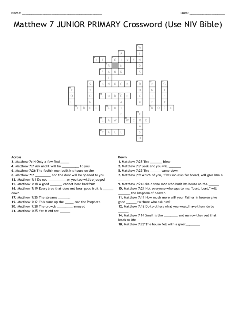 Fillable Online Matthew 7 JUNIOR PRIMARY Crossword (Use NIV Bible) Fax ...