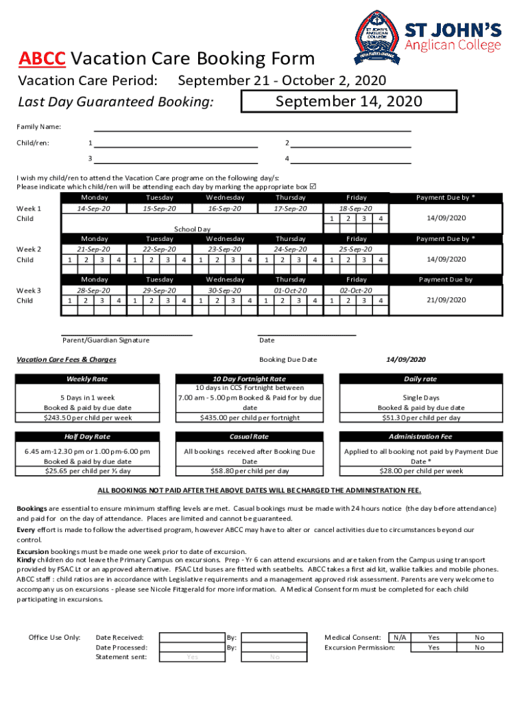 Fillable Online ABCC Vacation Care Booking Form - St John's Anglican College Fax Email Print ...