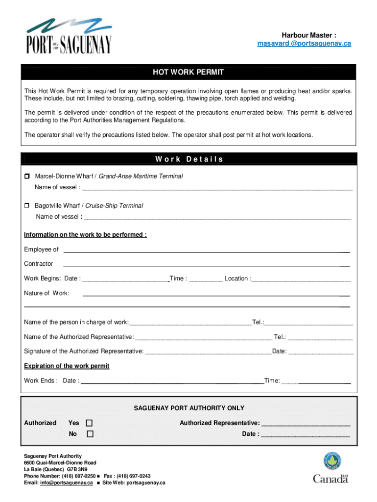 Fillable Online HOT WORK PERMIT W o r k D e t a i l s Fax Email Print ...