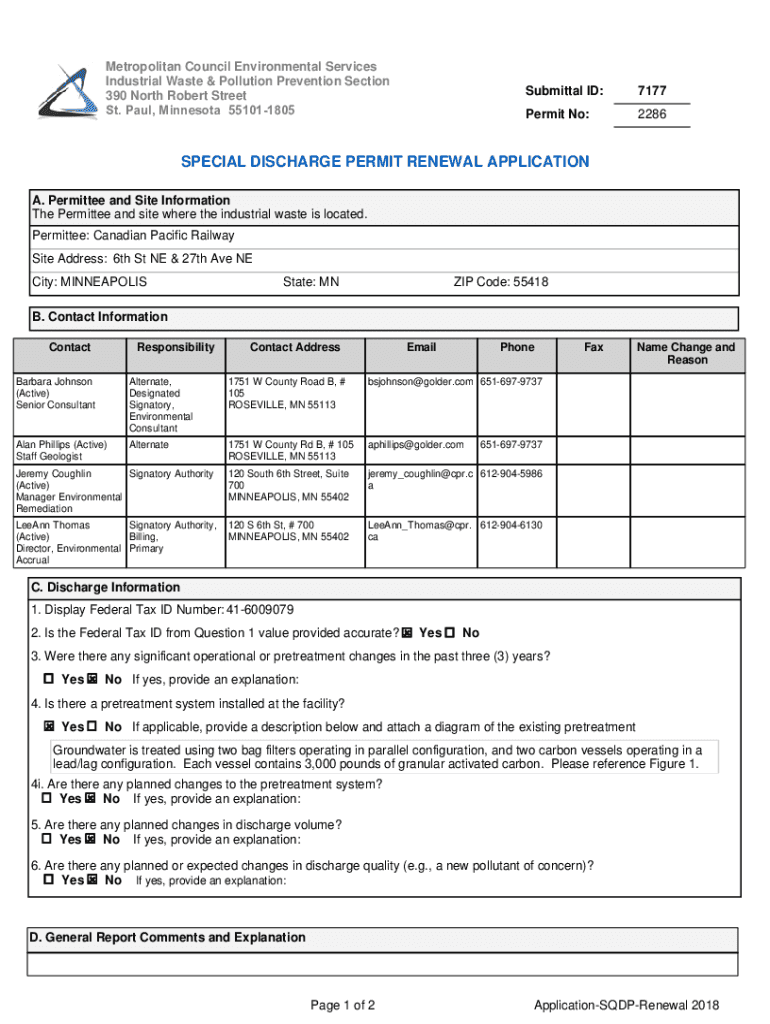 Fillable Online SPECIAL DISCHARGE PERMIT RENEWAL APPLICATION Fax Email ...