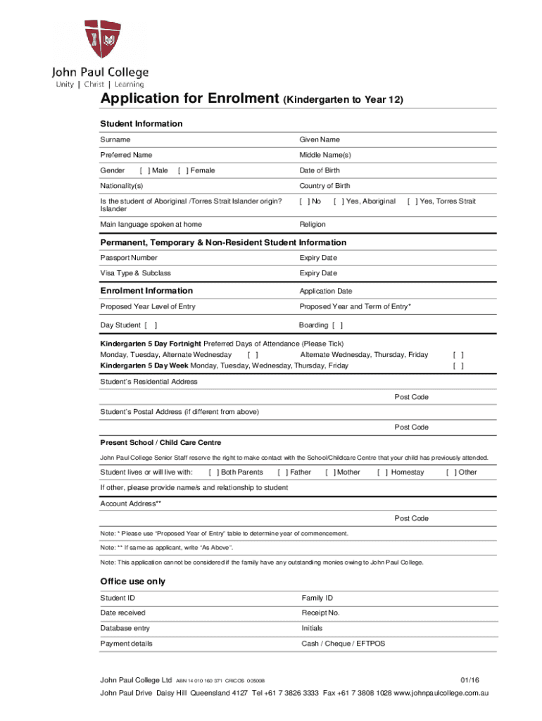 Fillable Online Application for Enrolment (Kindergarten to Year 12) Fax ...
