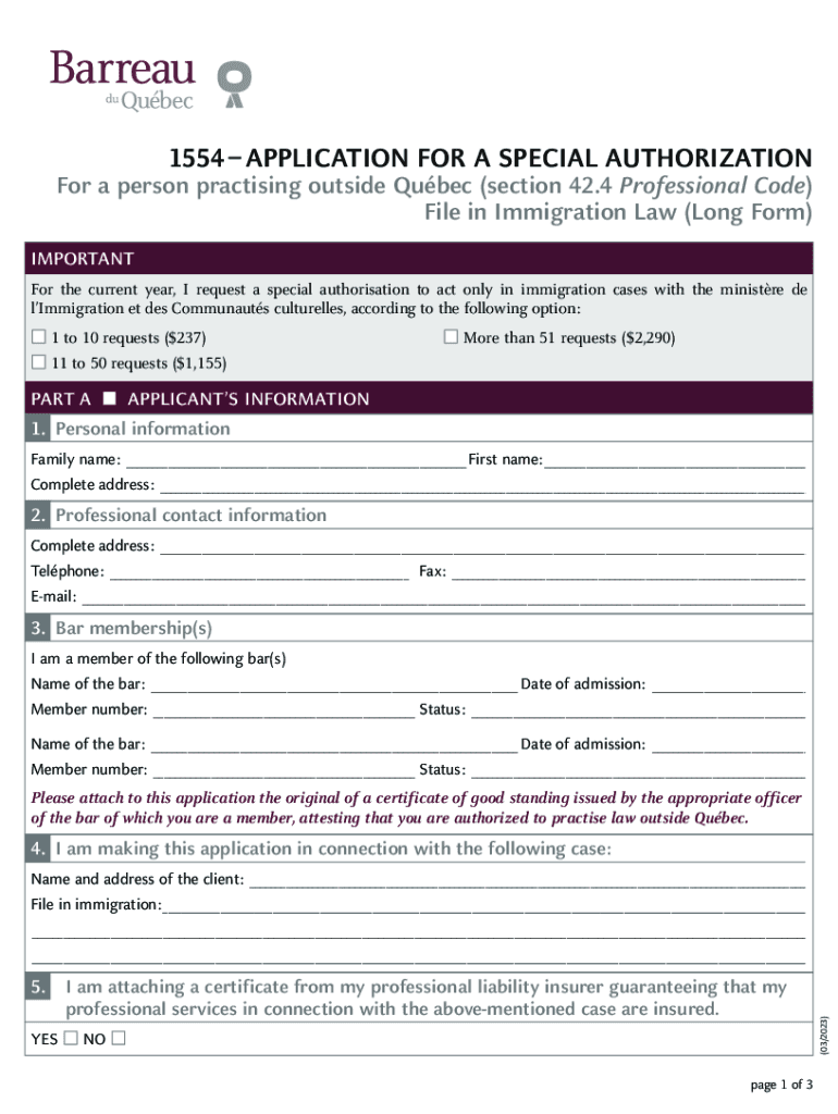 Fillable Online 1554 APPLICATION FOR A SPECIAL AUTHORIZATION Fax Email ...