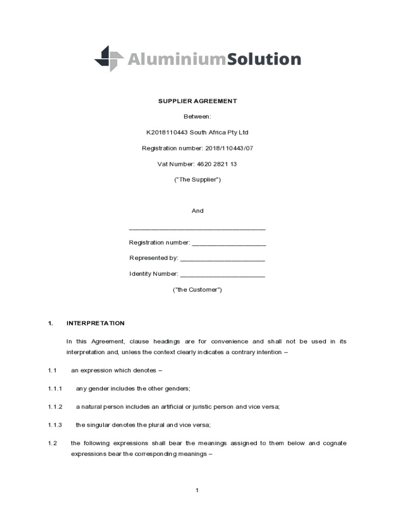 Fillable Online 1 SUPPLIER AGREEMENT Between - Aluminium Solution Fax ...
