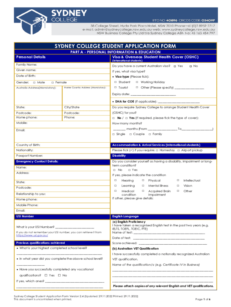 Fillable Online Sydney College Student Application Form V12 14082020 ...