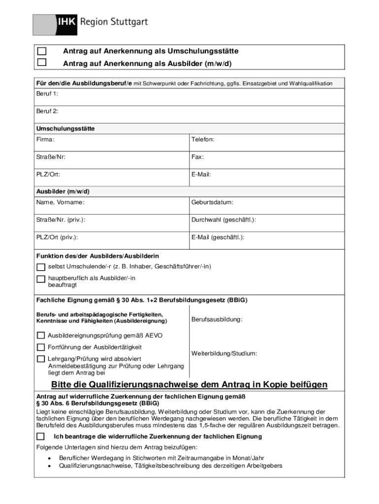 Ausfüllbar Online Antrag auf Anerkennung als Ausbildungssttte - IHK Fax ...